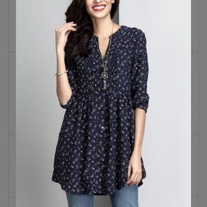 Reborn | Tops | Navy Floral Chiffon Button Down Tunic | Poshmark